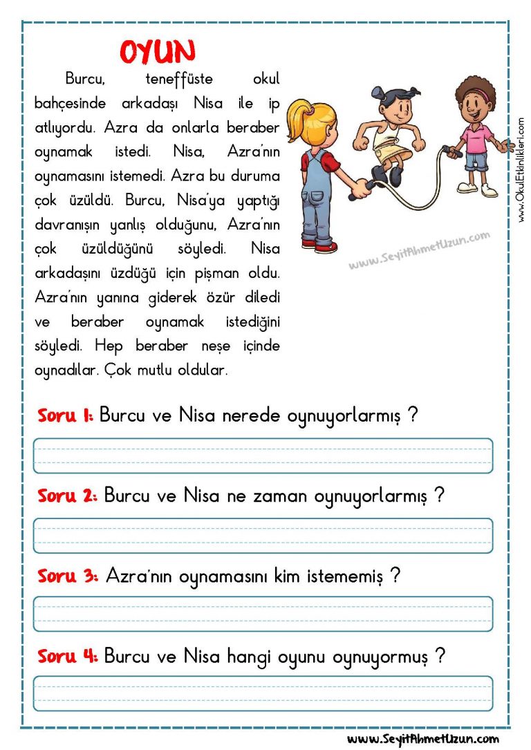 OKUMA ANLAMA METNİ – OYUN - Seyit Ahmet Uzun – Eğitime Yeni Bir Bakış